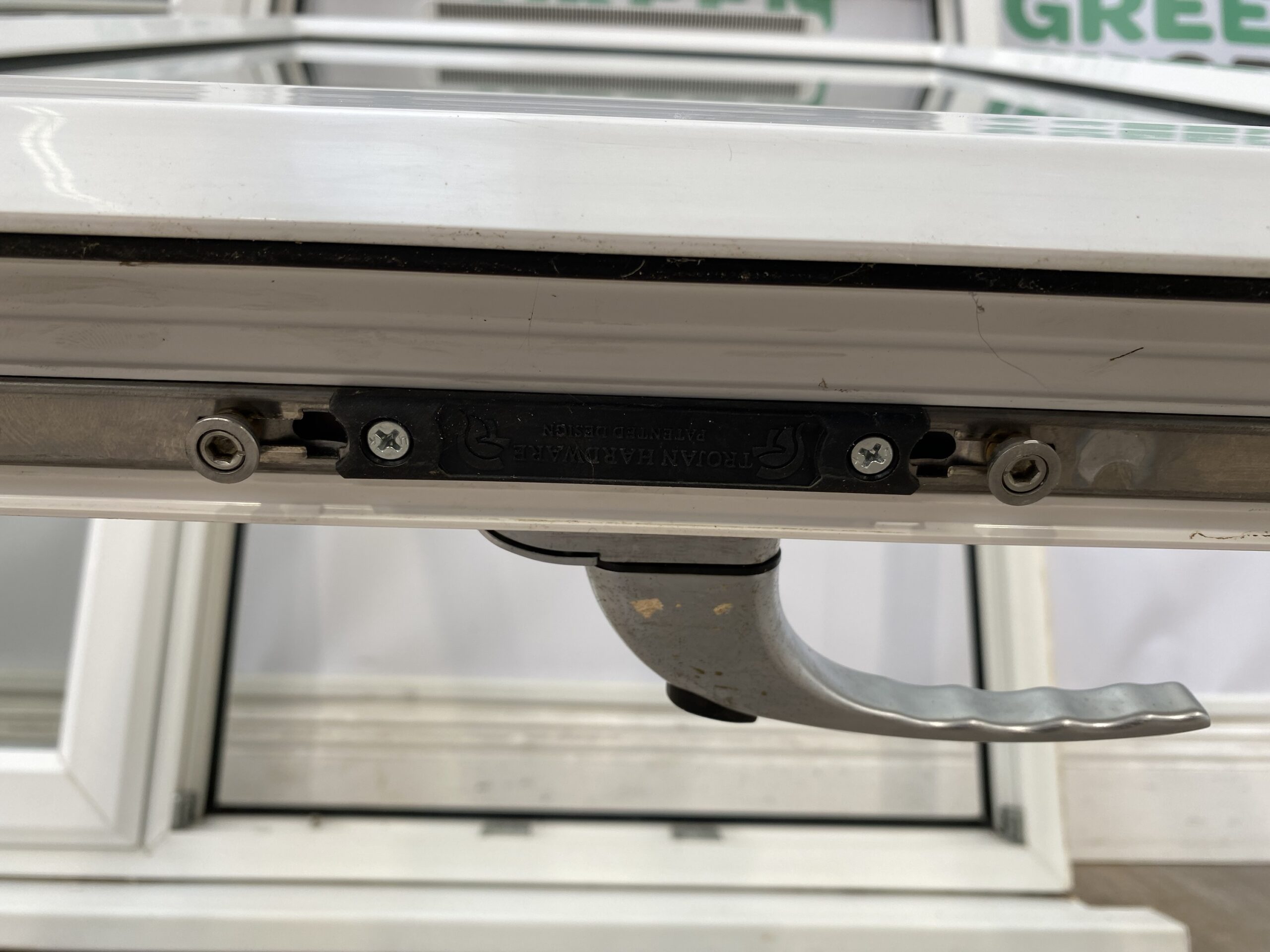 uPVC White Casement Window With Morley Blinds | Green doors