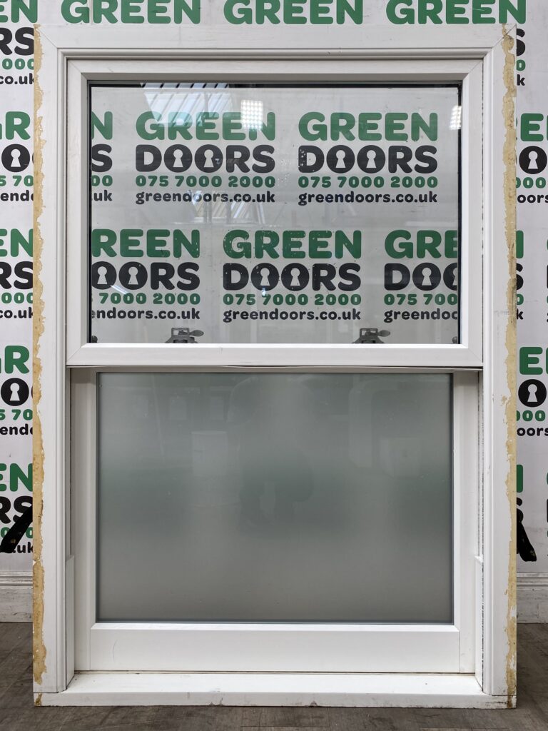 White UPVC Box sash window | Green doors
