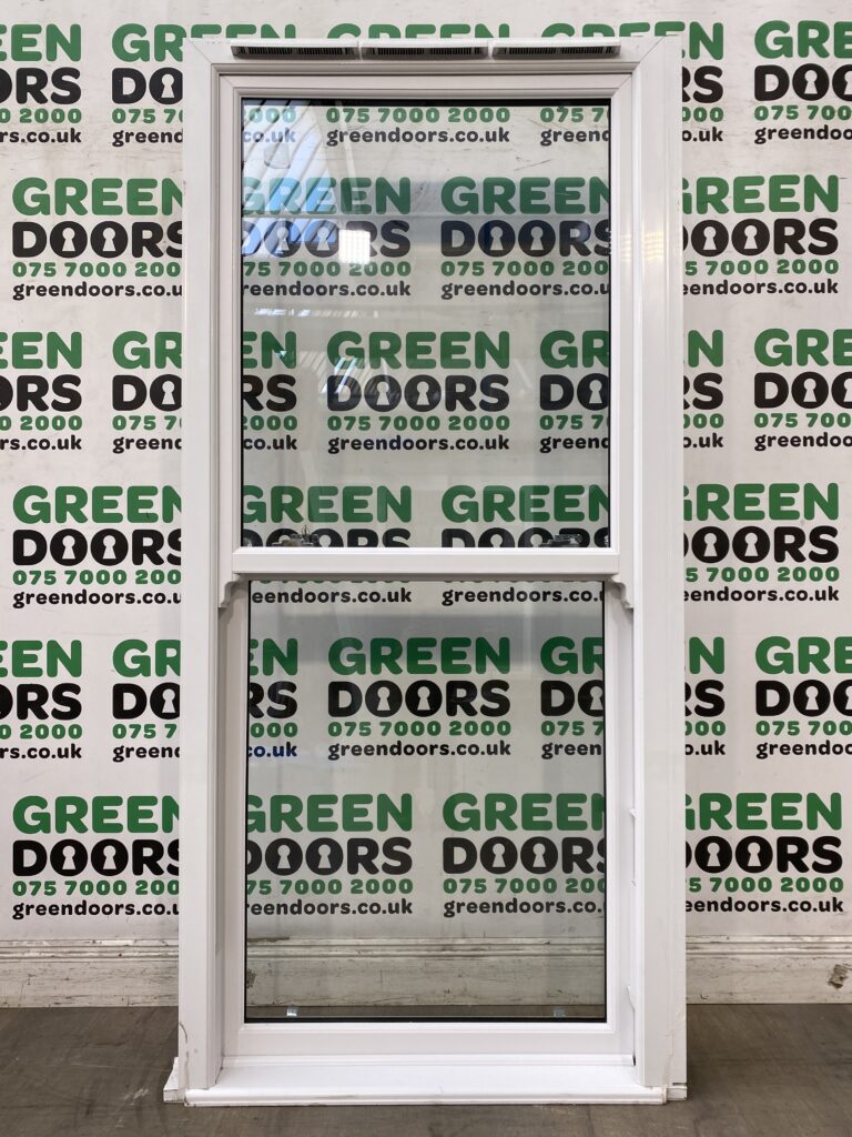 White uPVC Box Sash Window | Green doors