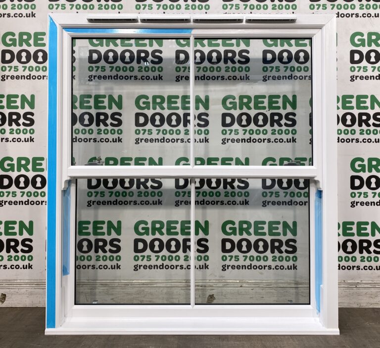 White uPVC Box Sash Window | Green doors