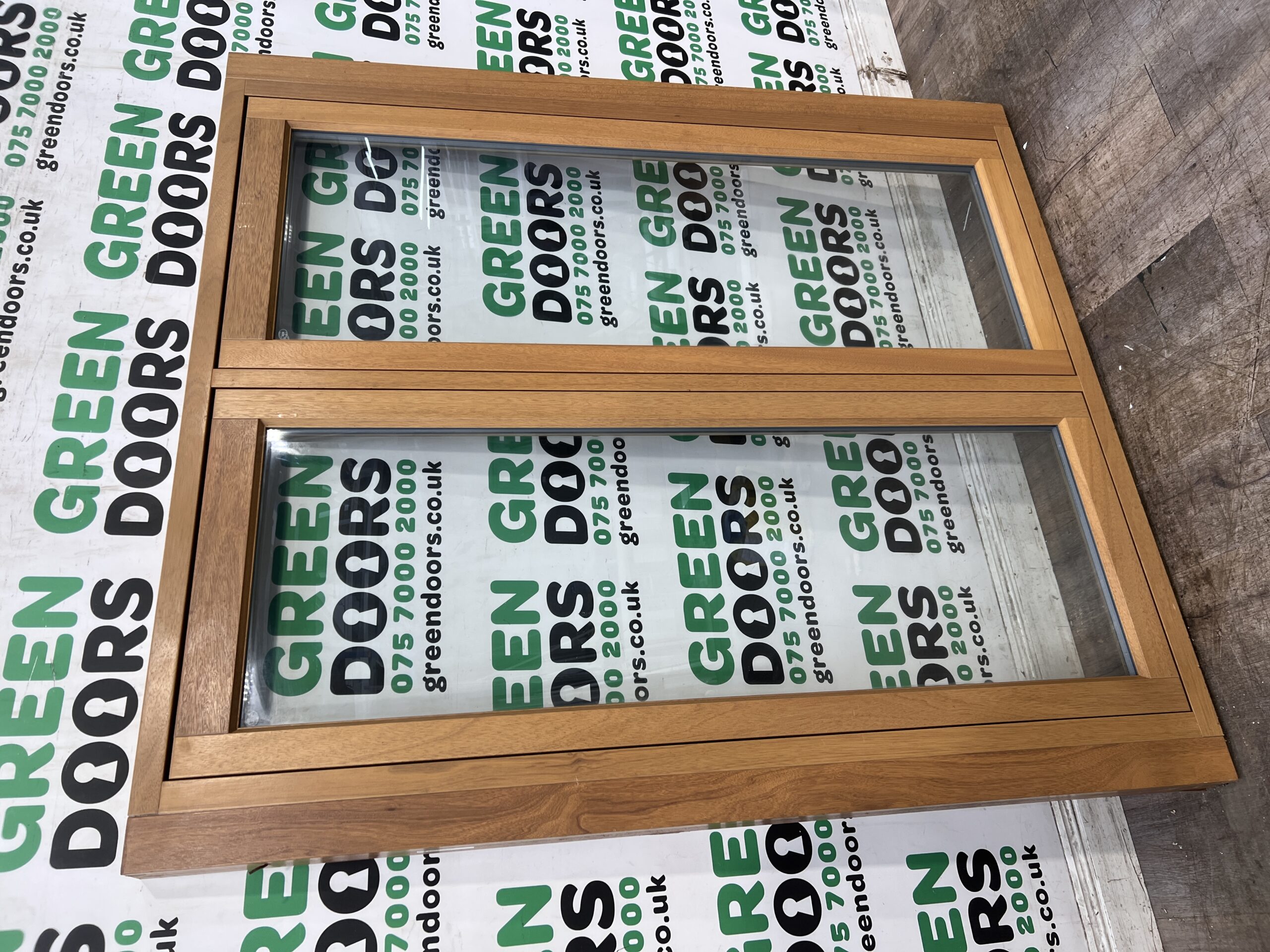 Brown Wooden Fixed Double window | Green doors