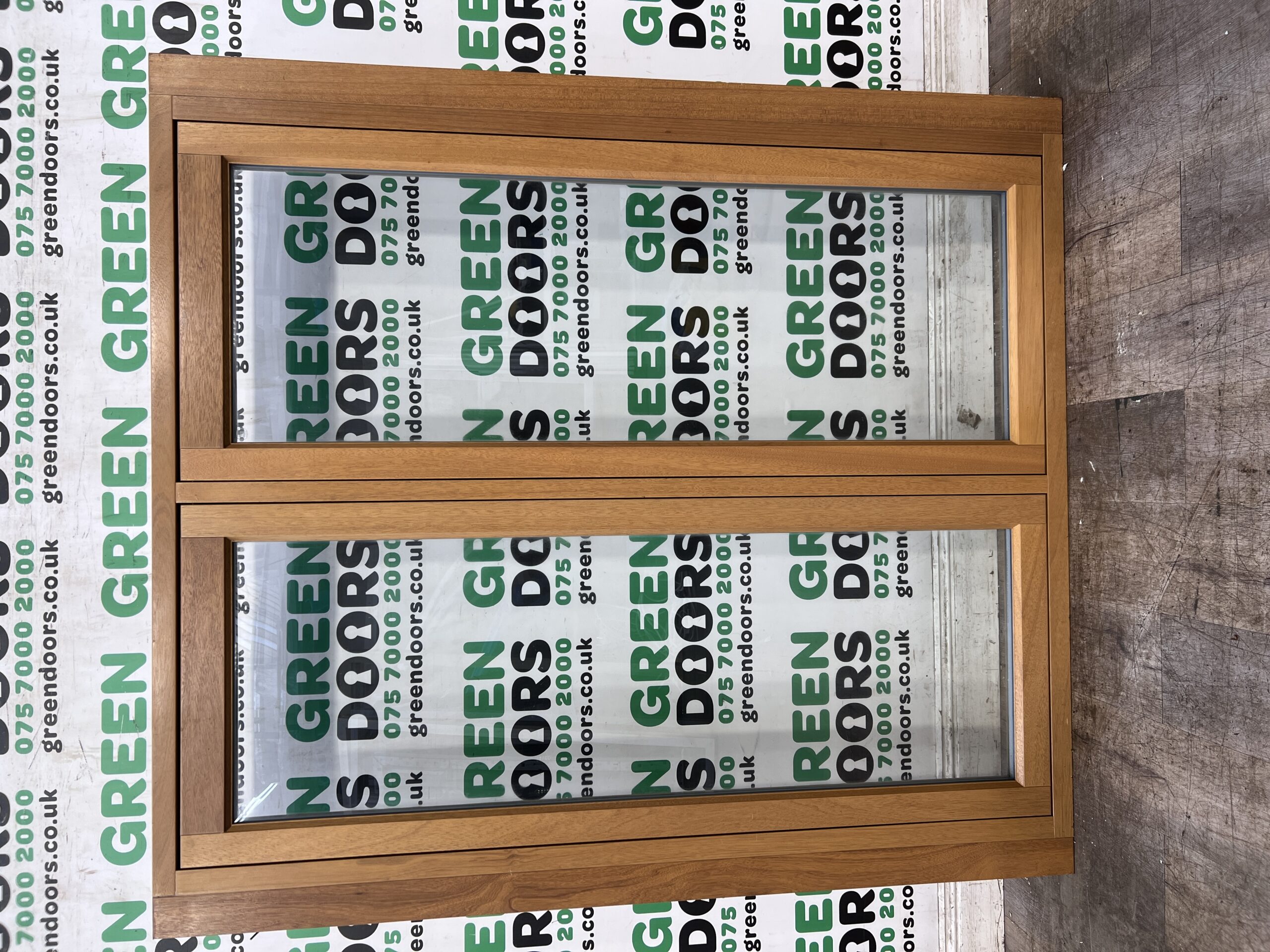 Brown Wooden Fixed Double window | Green doors