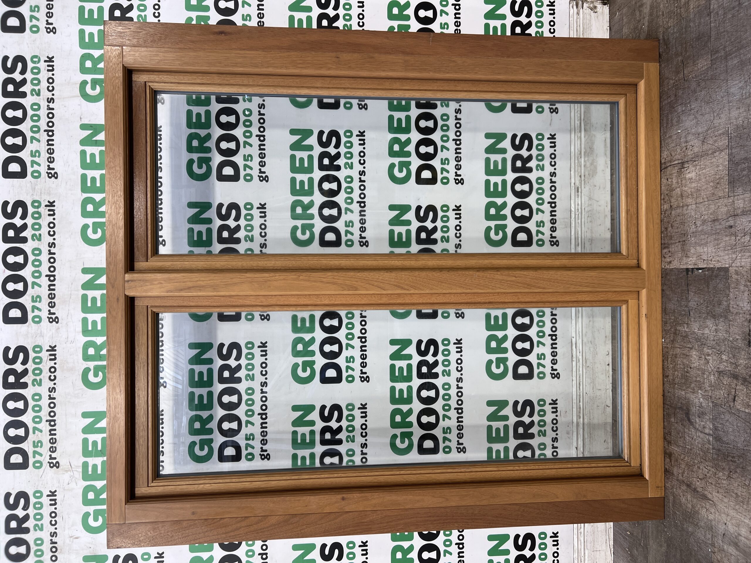 Brown Wooden Fixed Double window | Green doors
